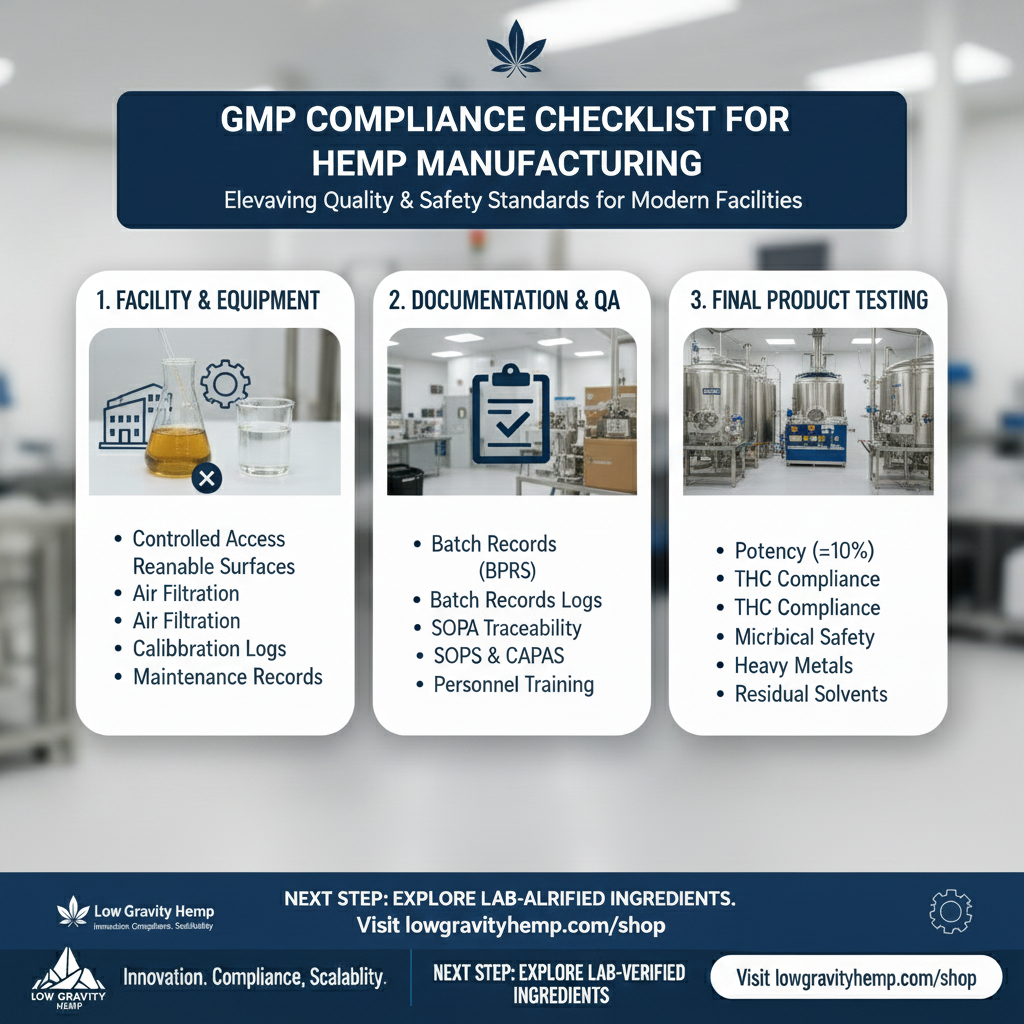 🎓 GMP Compliance Checklist for Hemp Manufacturing – LowGravityHemp